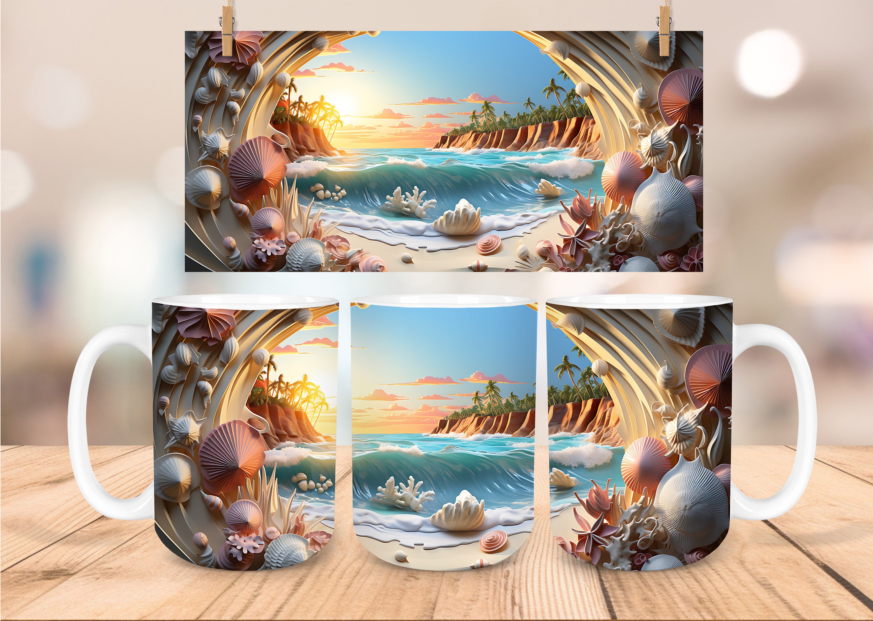 3D Tropical Beach Landscape Cave Hole Mug Wrap Design Bundle, 11oz 15oz ...