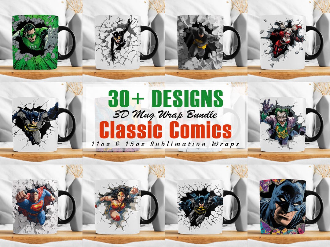 3D Effect Classic Heroes Character Mug Wrap, 3D Crack Hole Mug Bundle ...