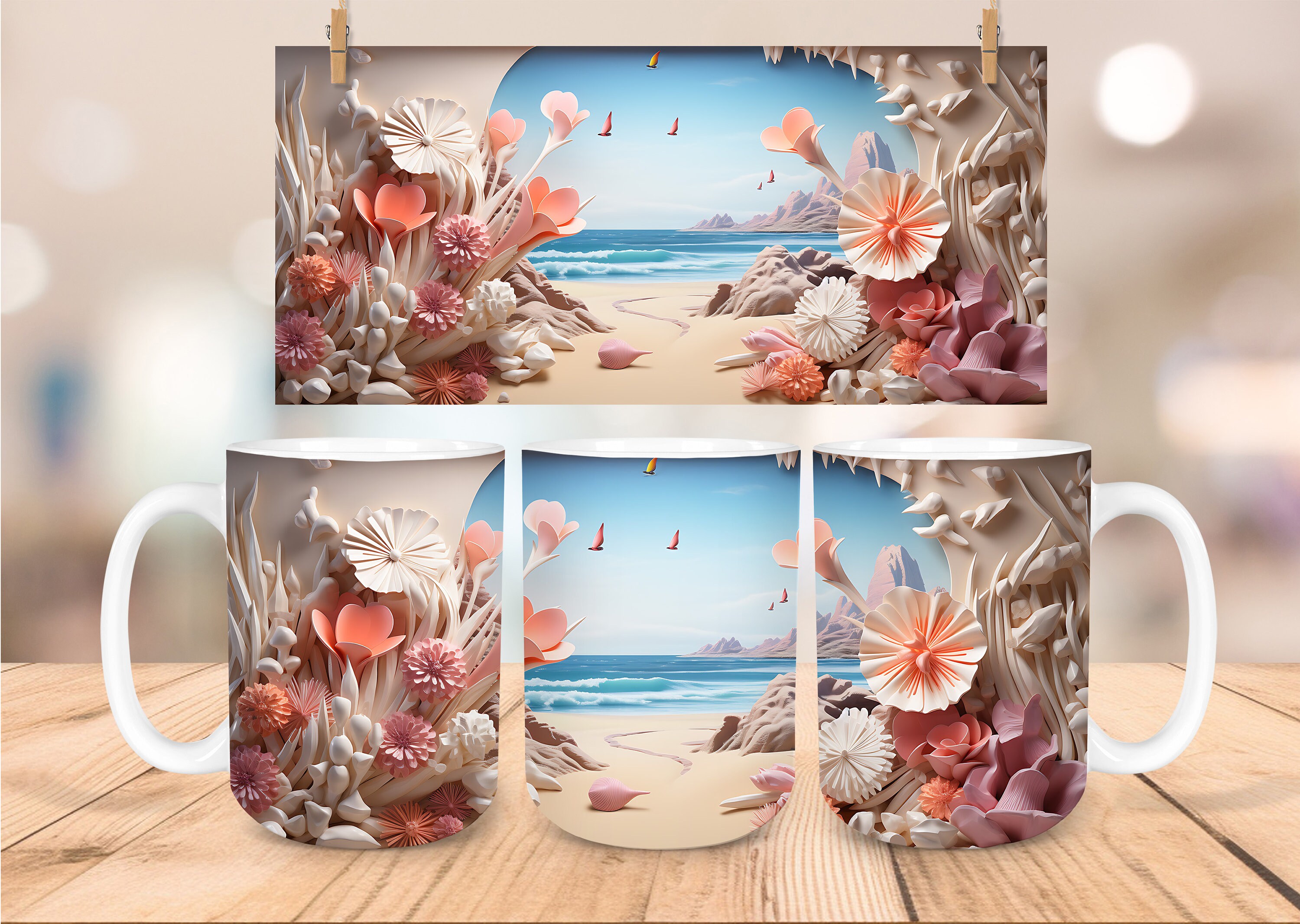 3D Tropical Beach Landscape Cave Hole Mug Wrap Design Bundle, 11oz 15oz ...