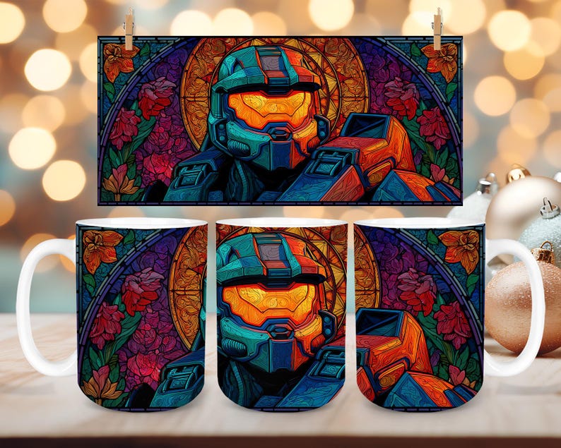 Stained Glass Art Shooter Game Halo Mug, First Person Shooter Ceramic ...