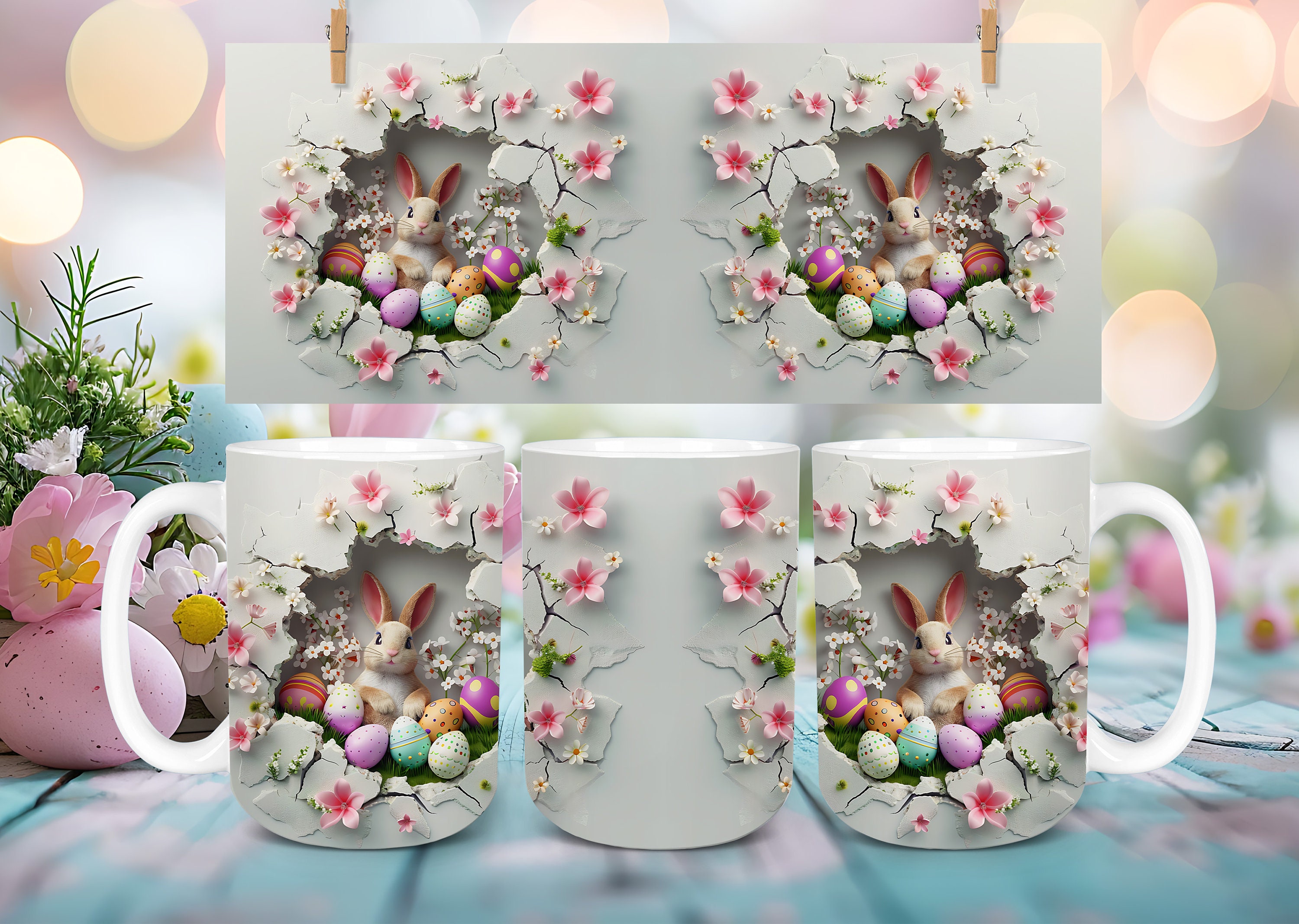 3D Easter Bunny Cracked Wall Mug Wrap Design PNG, 11oz & 15oz Easter ...