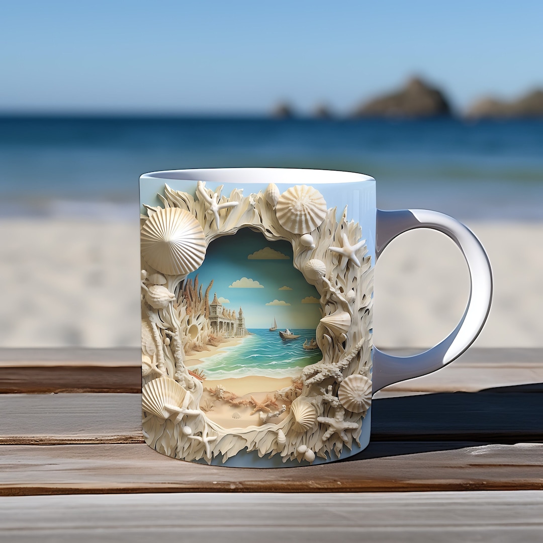 3D Beach Mug, 3D Cracked Wall Beach Landscape Mug Wrap Design, 3D Beach ...