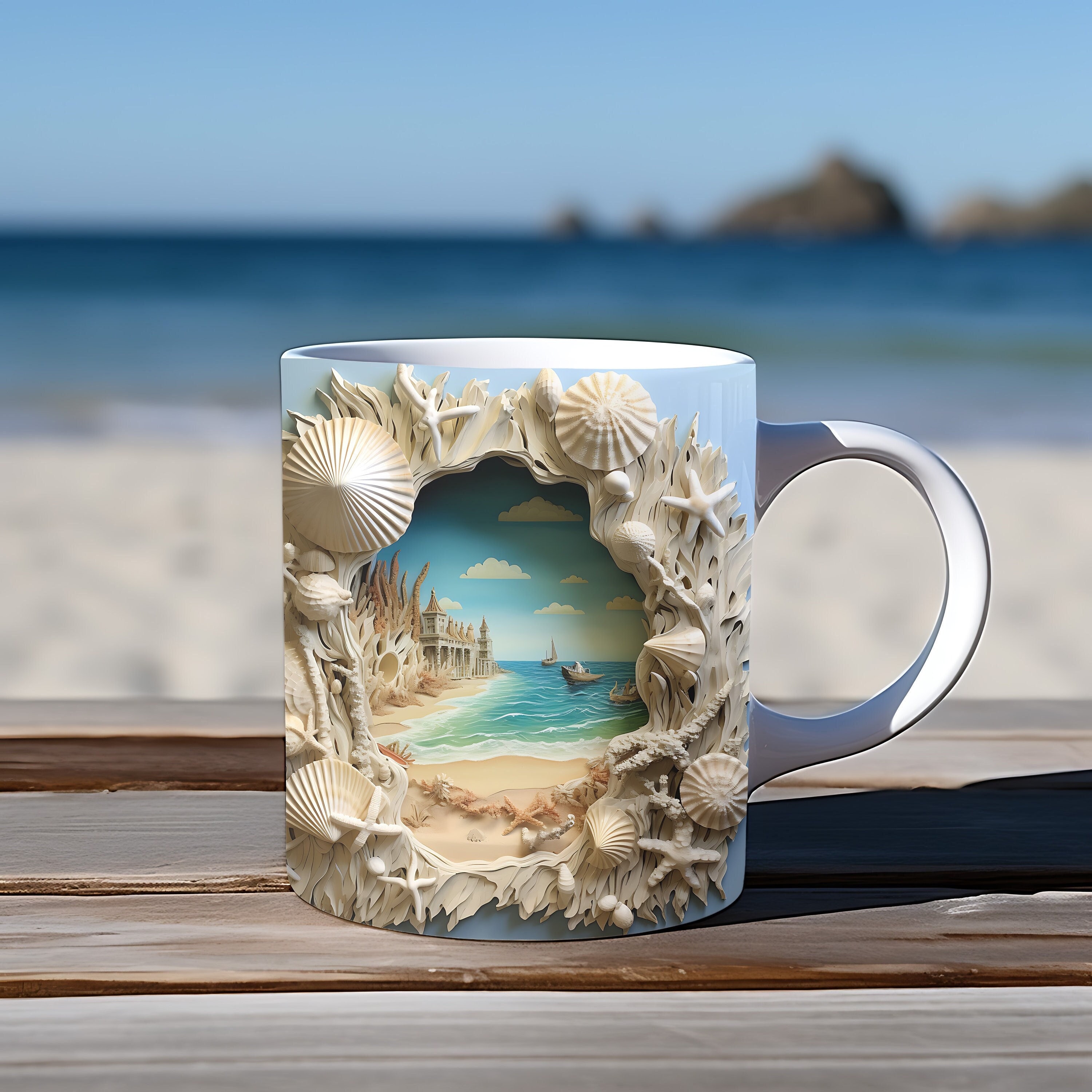 3D Beach Mug, 3D Cracked Wall Beach Landscape Mug Wrap Design, 3D Beach ...