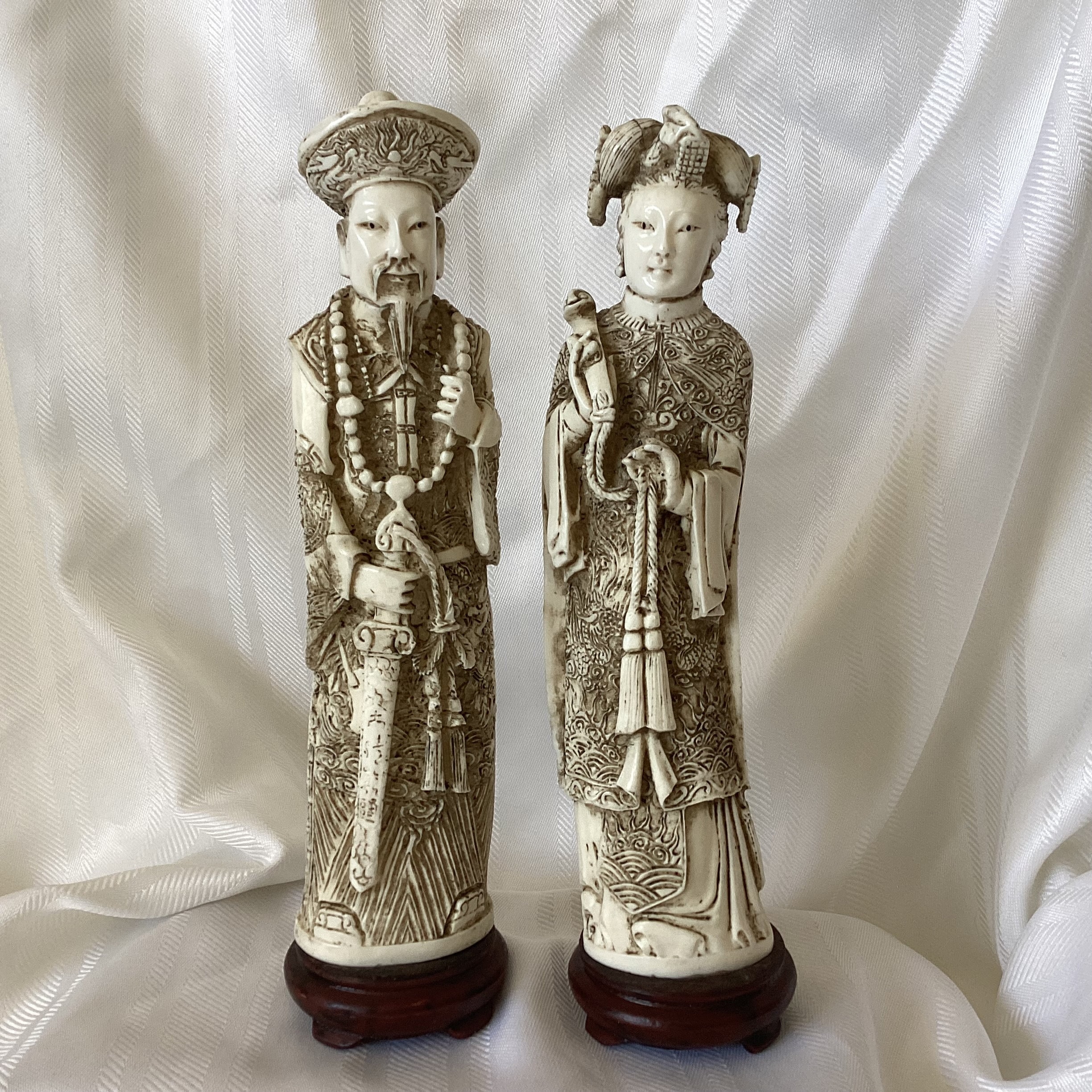 Asian Carved Resin 10 Emperor & Empress Statues on Stand Vintage Hand ...