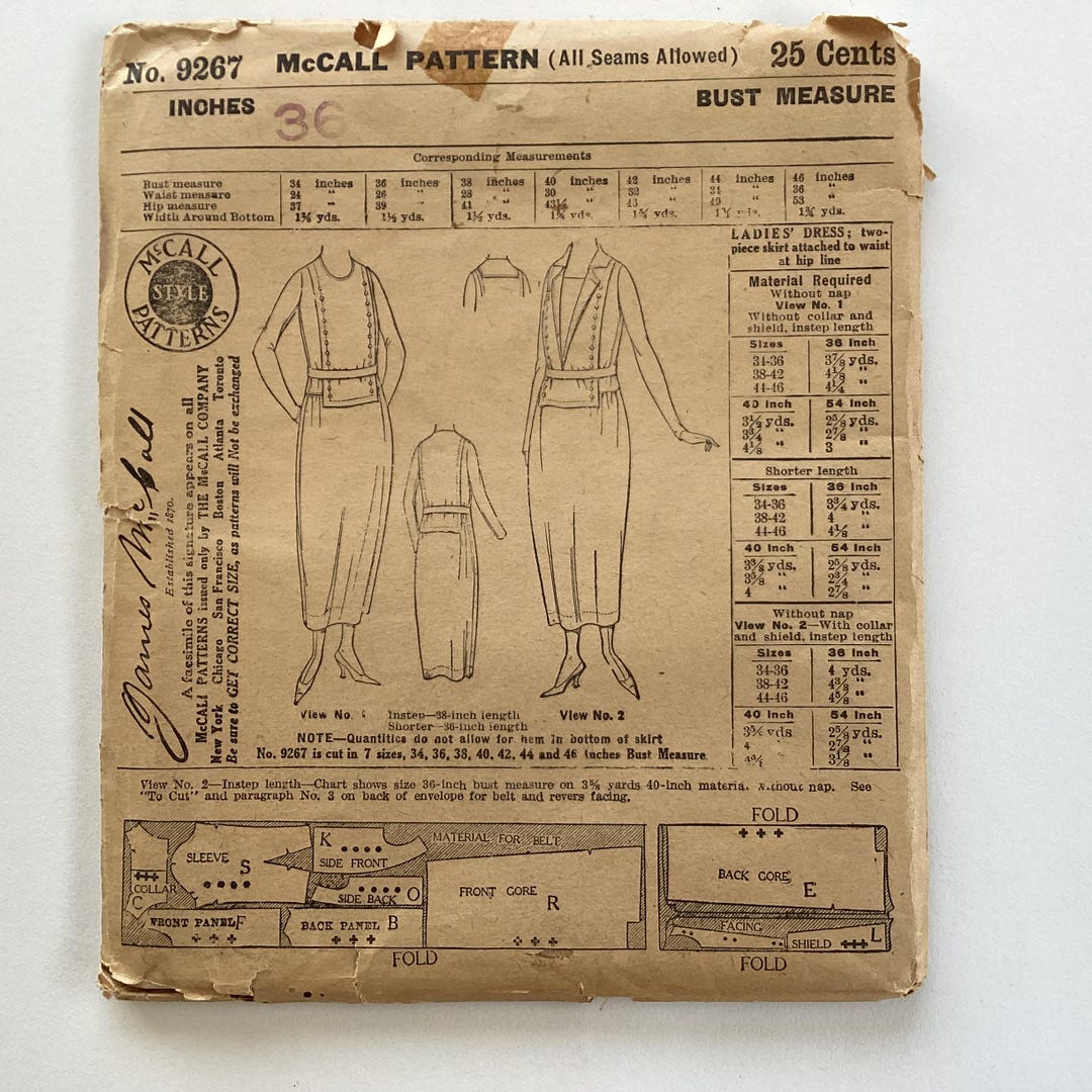 1910s Mccall Ladies Dress Pattern No. 9267, 36" Bust (uncut) Perforated ...