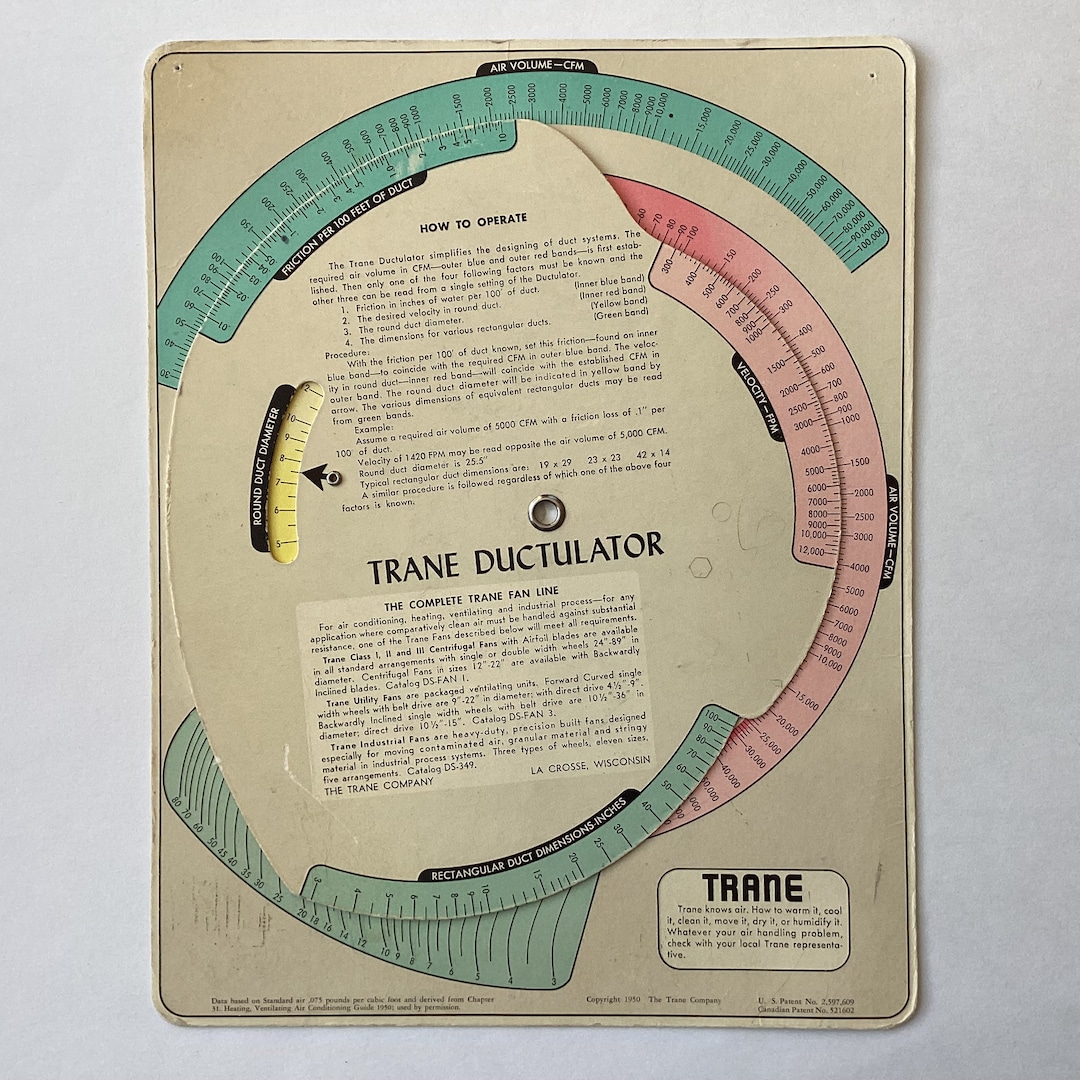 Vintage Trane Ductulator Duct System Sizing Calculator 1960 Slide Chart ...
