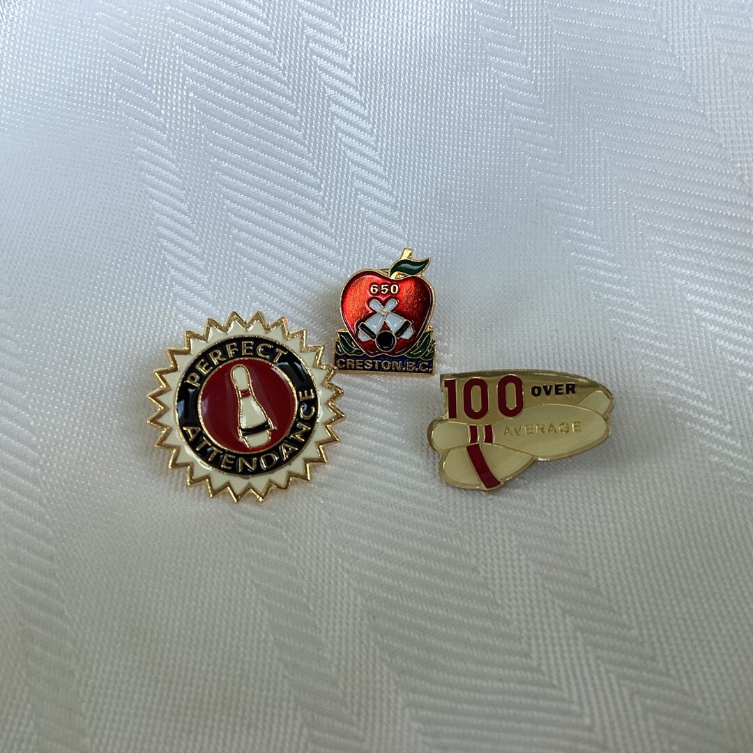 Vintage 3 Bowling Enamel Pins Perfect Attendance, 100 Over Average, 650 ...