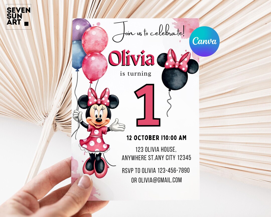 Editable Minnie Mouse Birthday Invitation, Minnie Mouse Birthday, 1st ...