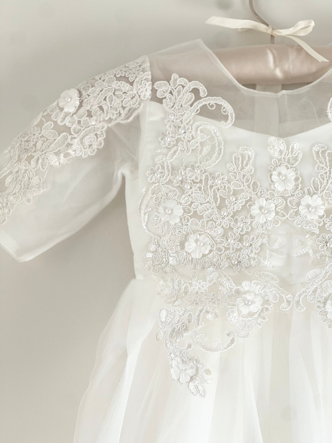 Girls White First Communion Dress, Long Sleeve First Communion Gown ...