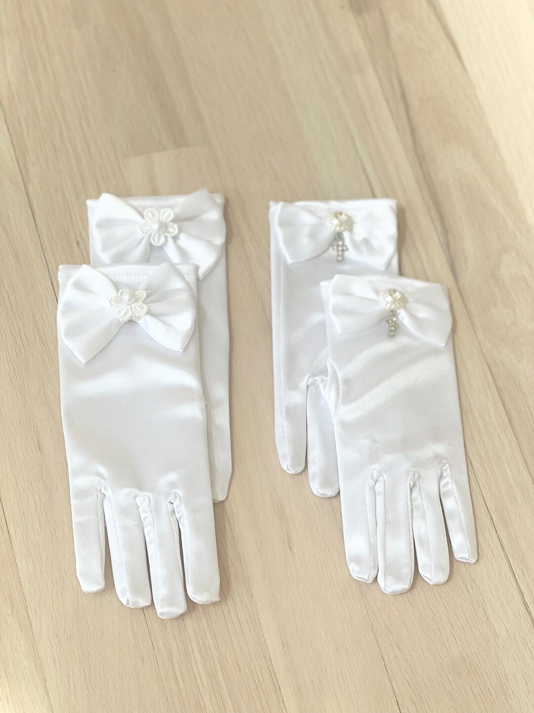 Girls Short White Satin Communion Gloves With Pearl Gems Cross, Bow ...