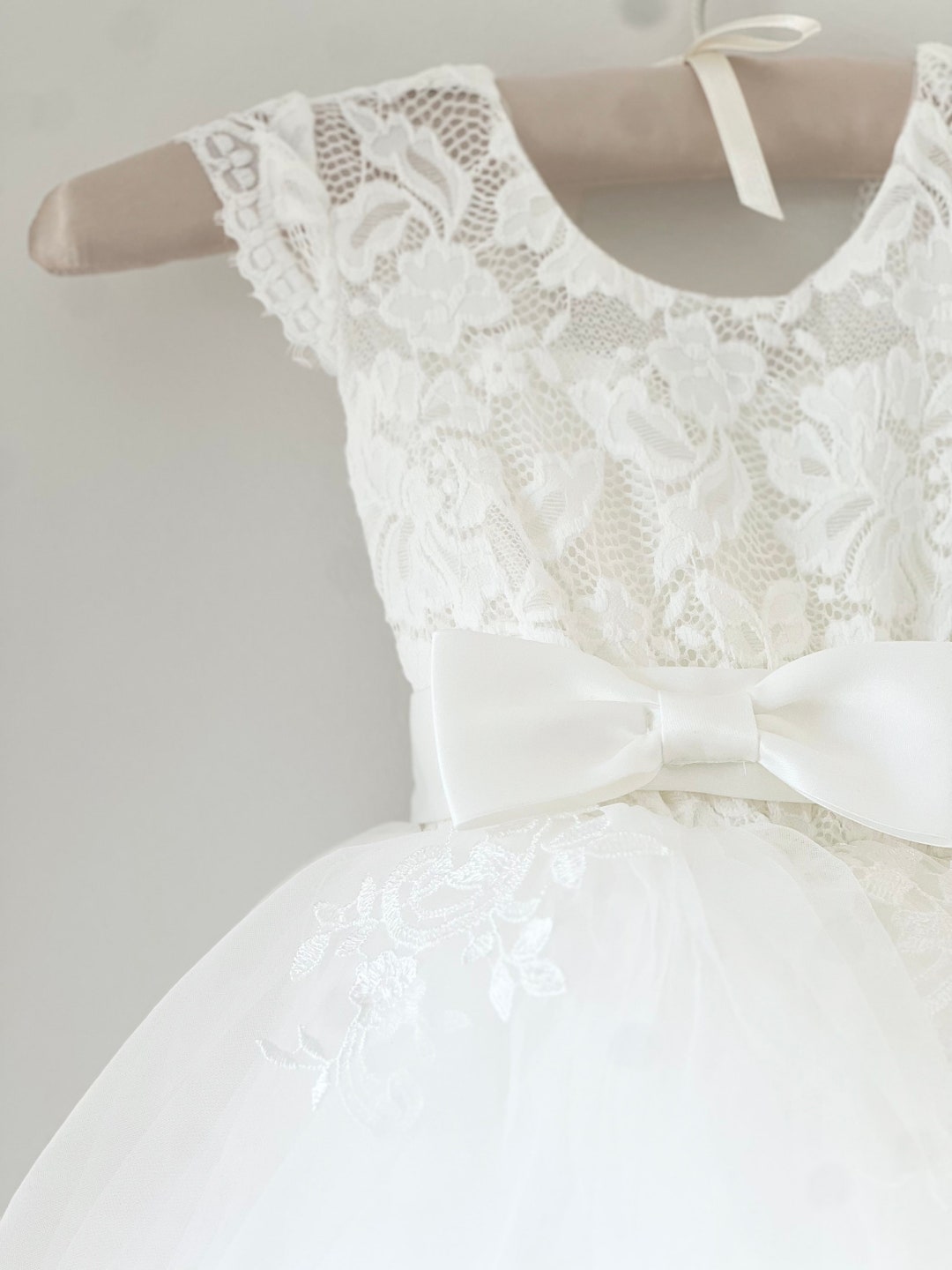 Girls White First Communion Dress, Short Sleeve First Communion Gown ...