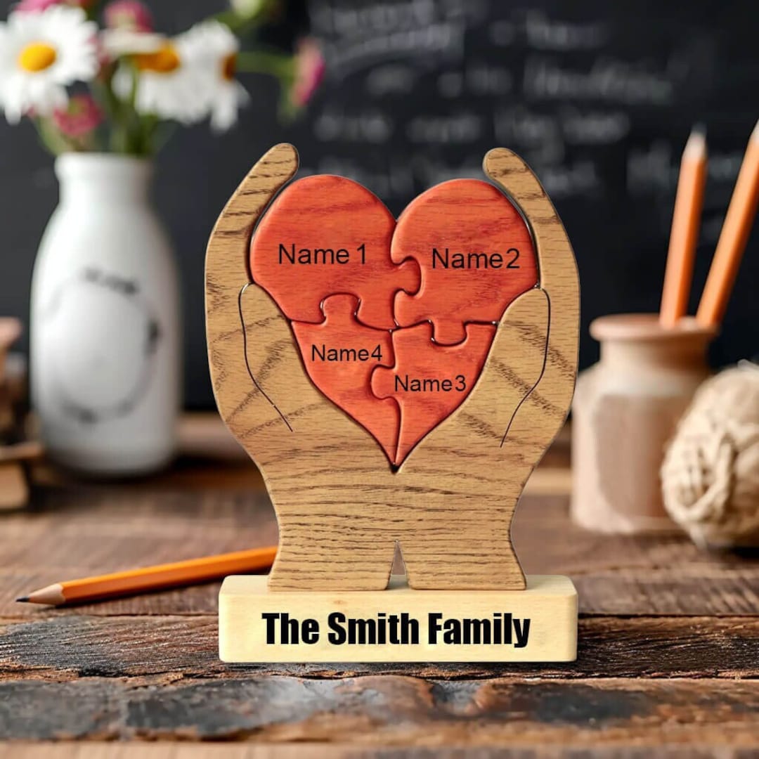Personalized Wooden Heart Shaped Puzzle, Handmade Wooden Family Name ...