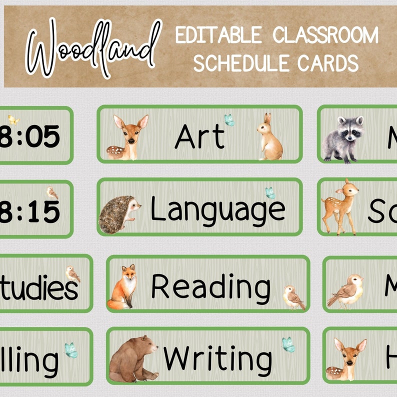 WOODLAND CLASS SCHEDULE Cards, Editable Cards for Daily Classroom ...