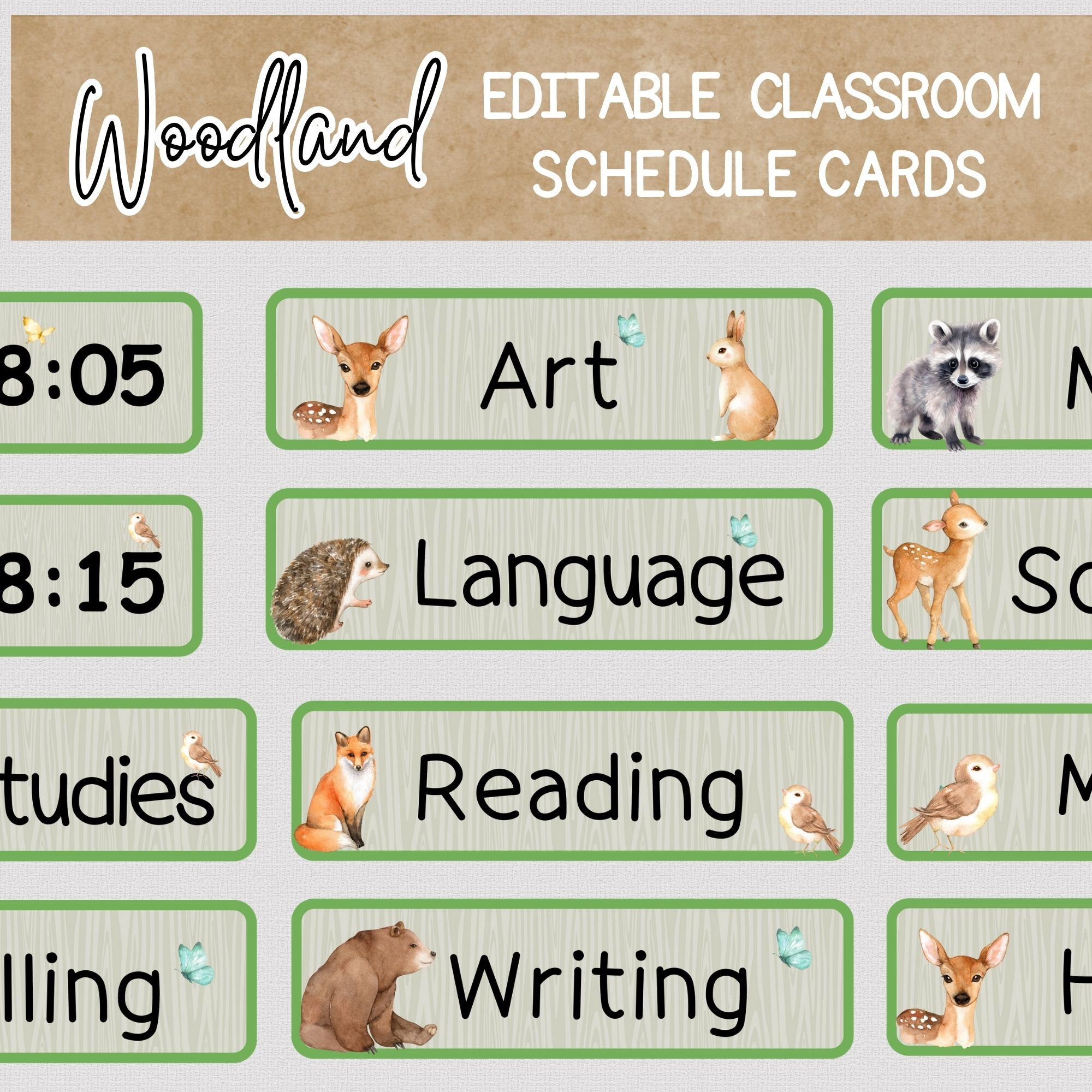 WOODLAND CLASS SCHEDULE Cards, Editable Cards for Daily Classroom ...