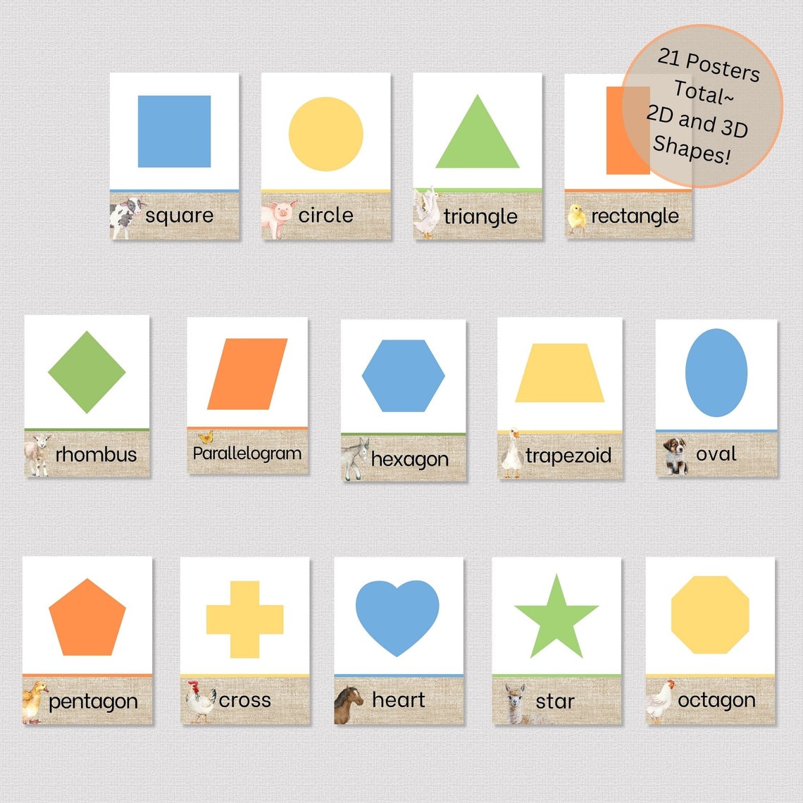 FARM THEME 2D and 3D Shapes Posters for Classroom, Set of 21 Printable ...