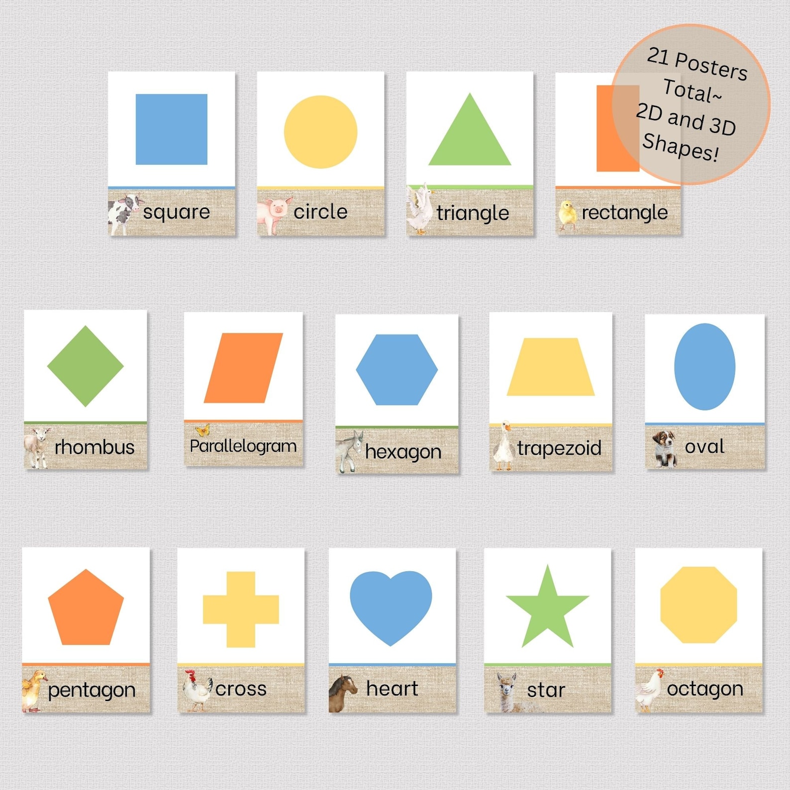 FARM THEME 2D and 3D Shapes Posters for Classroom, Set of 21 Printable ...