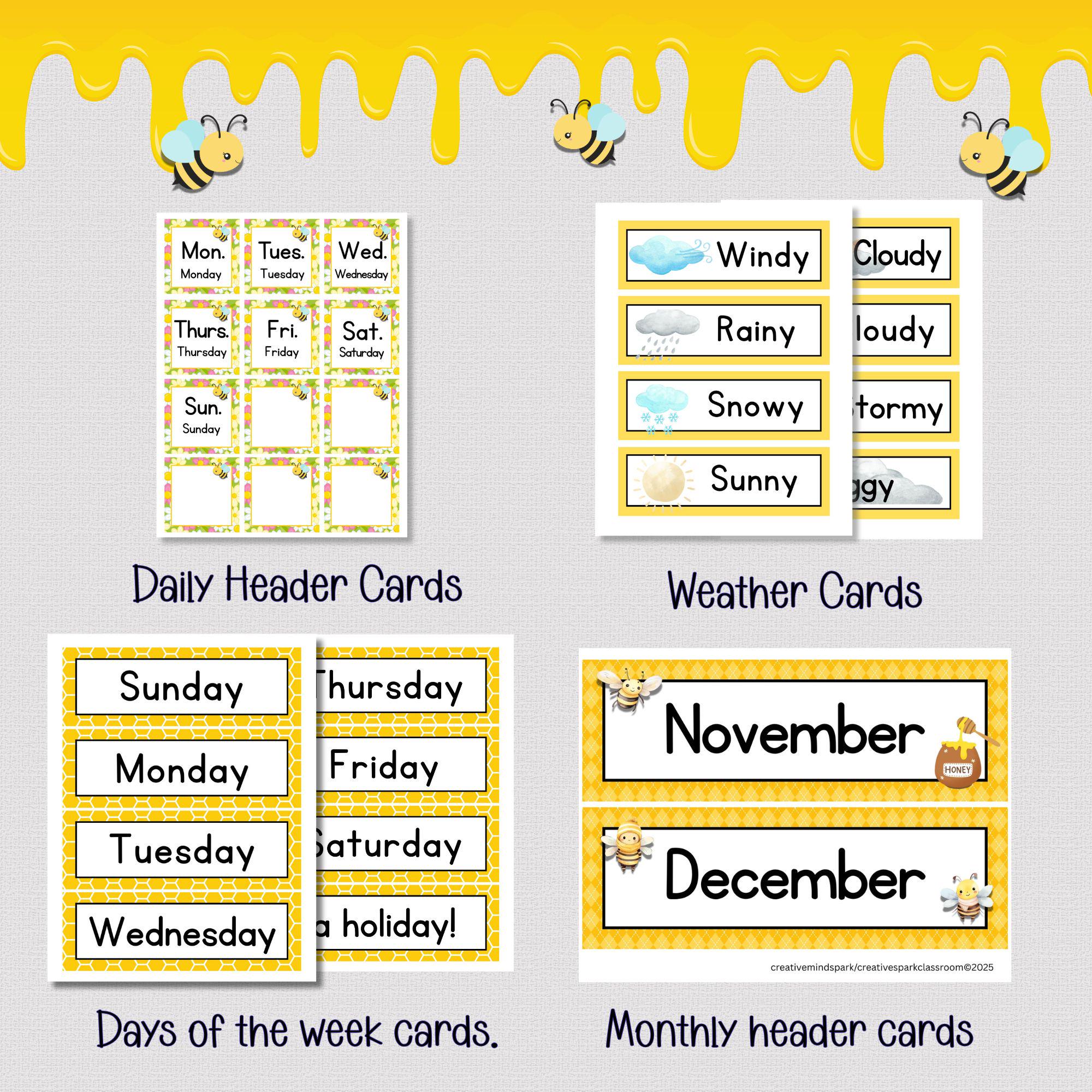 BEE THEME CLASSROOM Calender, Printable Honey Bee Calendar Bulletin ...