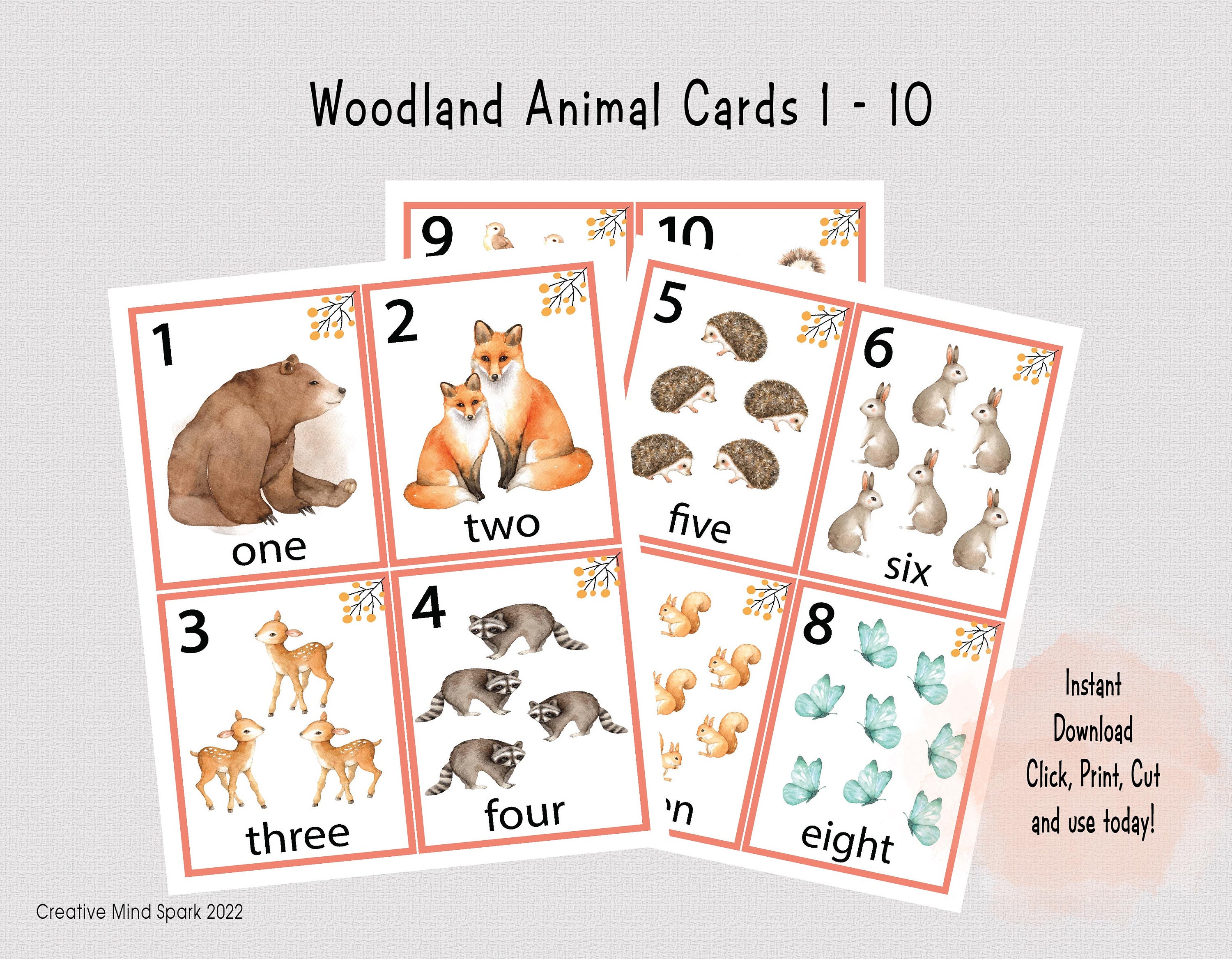 PRINTABLE NUMBER FLASHCARDS 1 -10, Woodland Animal Counting Cards ...