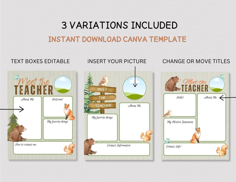 MEET THE TEACHER Woodland Themed Template, Canva Teacher Template for ...