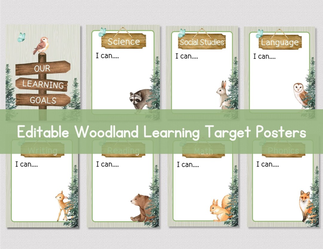 WOODLAND LEARNING TARGET Posters, Editable Learning Goals Wall Posters ...