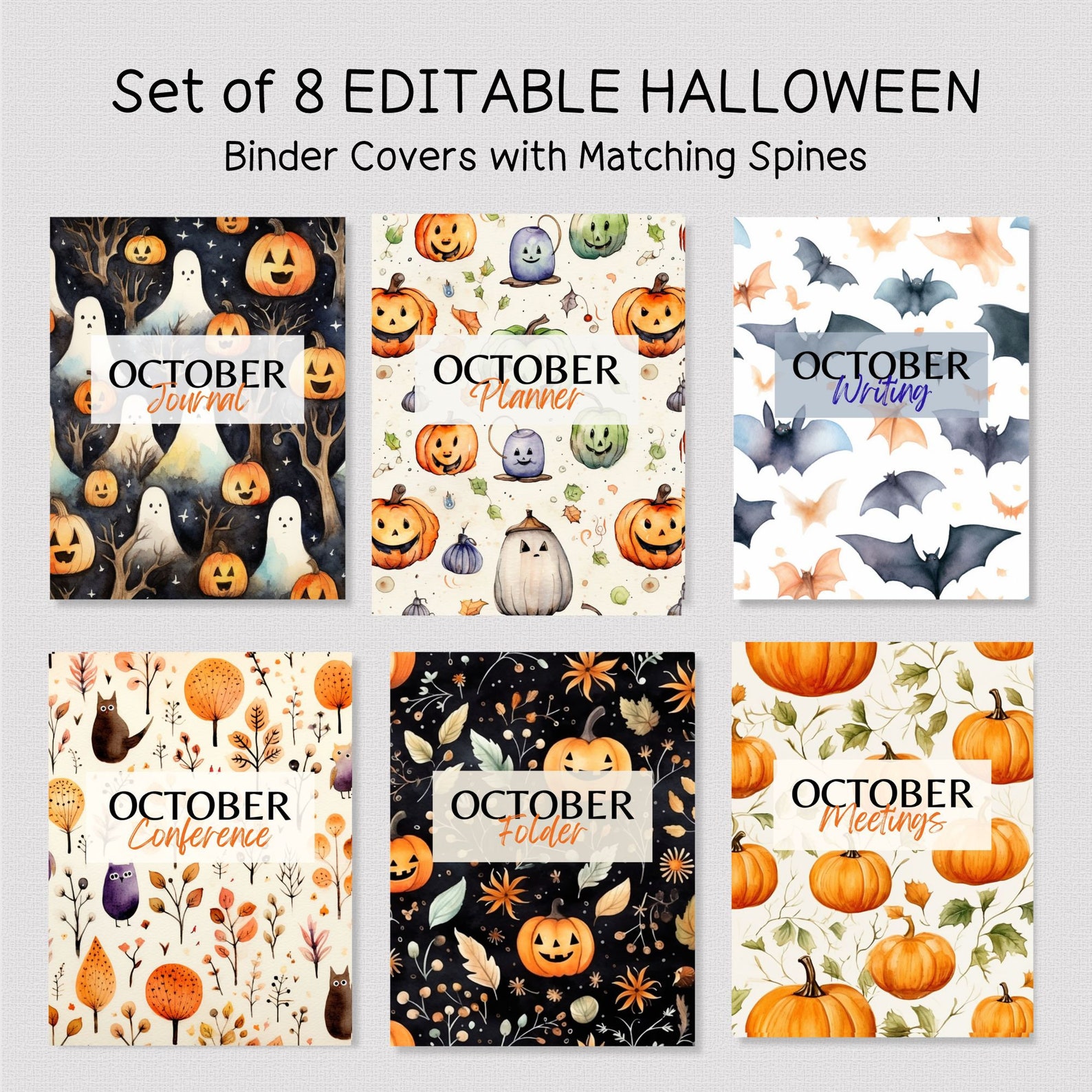 HALLOWEEN BINDER COVERS, Set of 8, Editable October Binder Covers With ...