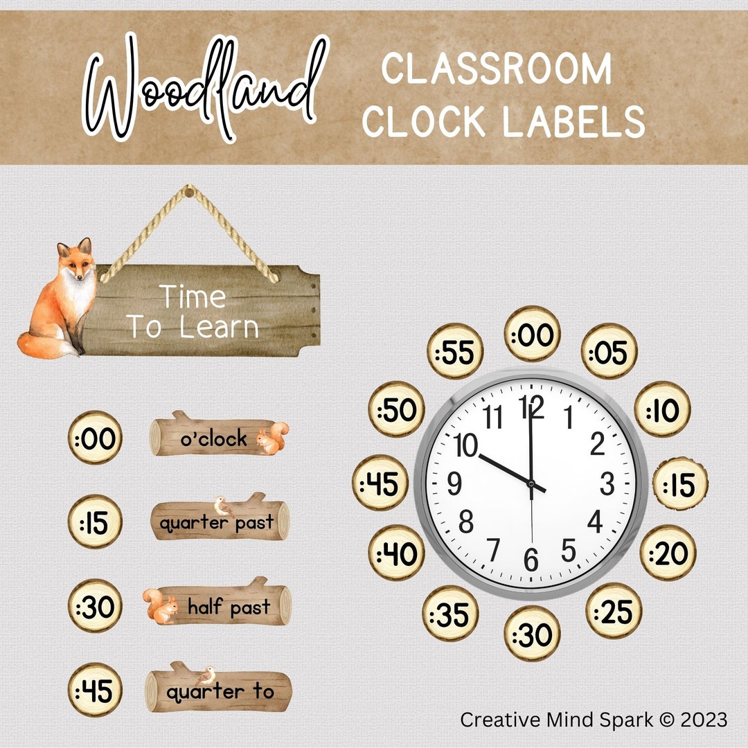 WOODLAND CLOCK LABELS for Classroom, Printable Woodland Classroom Decor ...