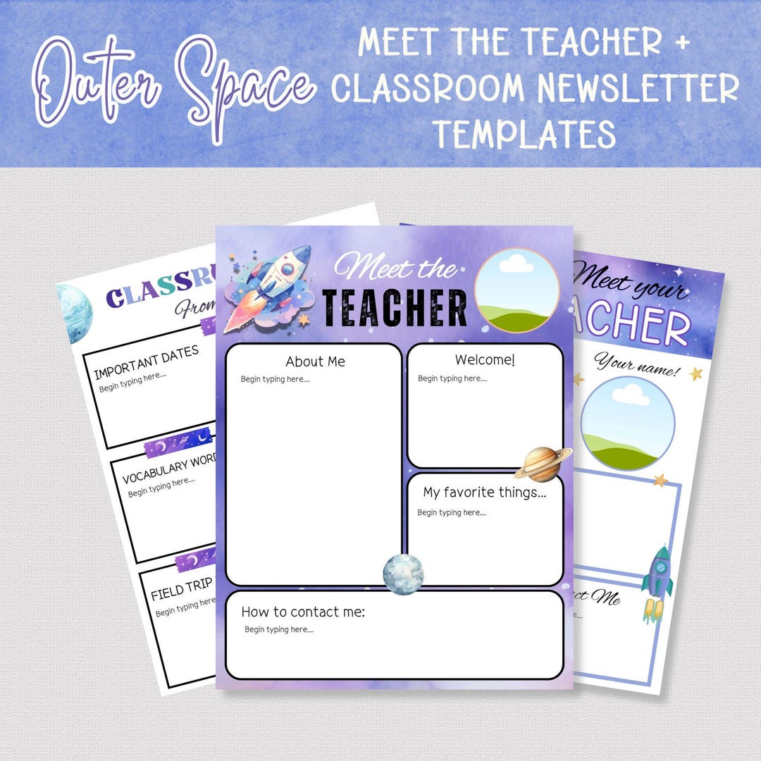 MEET THE TEACHER Space Theme Newsletter Templates, Canva Templates for ...