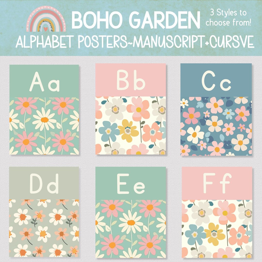 BOHO GARDEN ALPHABET Posters, Printable Retro Classroom Alphabet, Boho ...