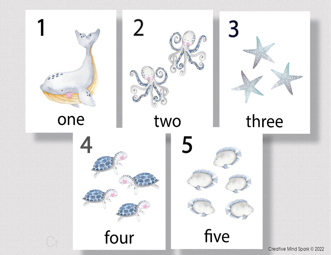 NUMBER FLASHCARDS 1-10, Printable Ocean Animal Number Cards, Under the ...