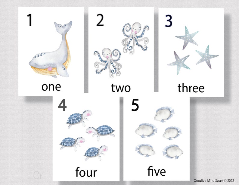NUMBER FLASHCARDS 1-10, Printable Ocean Animal Number Cards, Under the ...