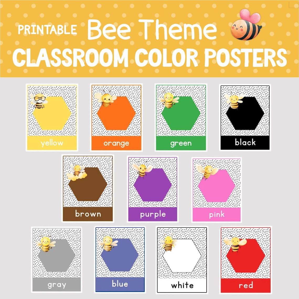 BEE THEME COLOR Posters for Classroom, Printable Honey Bee Theme Color ...