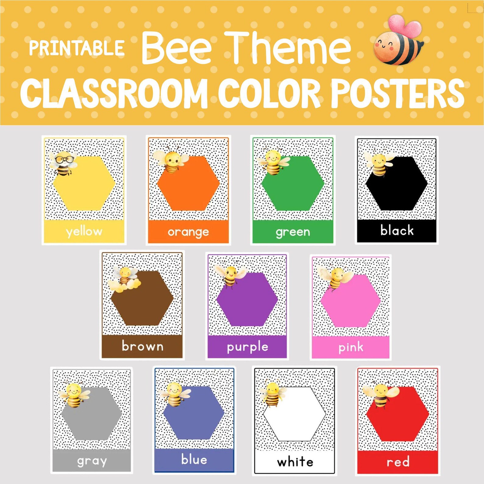 BEE THEME COLOR Posters for Classroom, Printable Honey Bee Theme Color ...