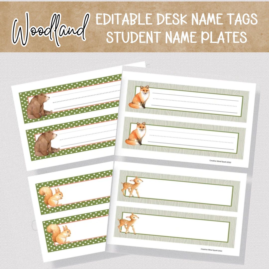 WOODLAND DESK Name Tags, Printable Woodland Desk Name Plates, Classroom ...