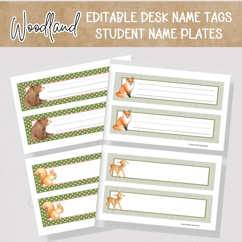 WOODLAND DESK Name Tags, Printable Woodland Desk Name Plates, Classroom ...