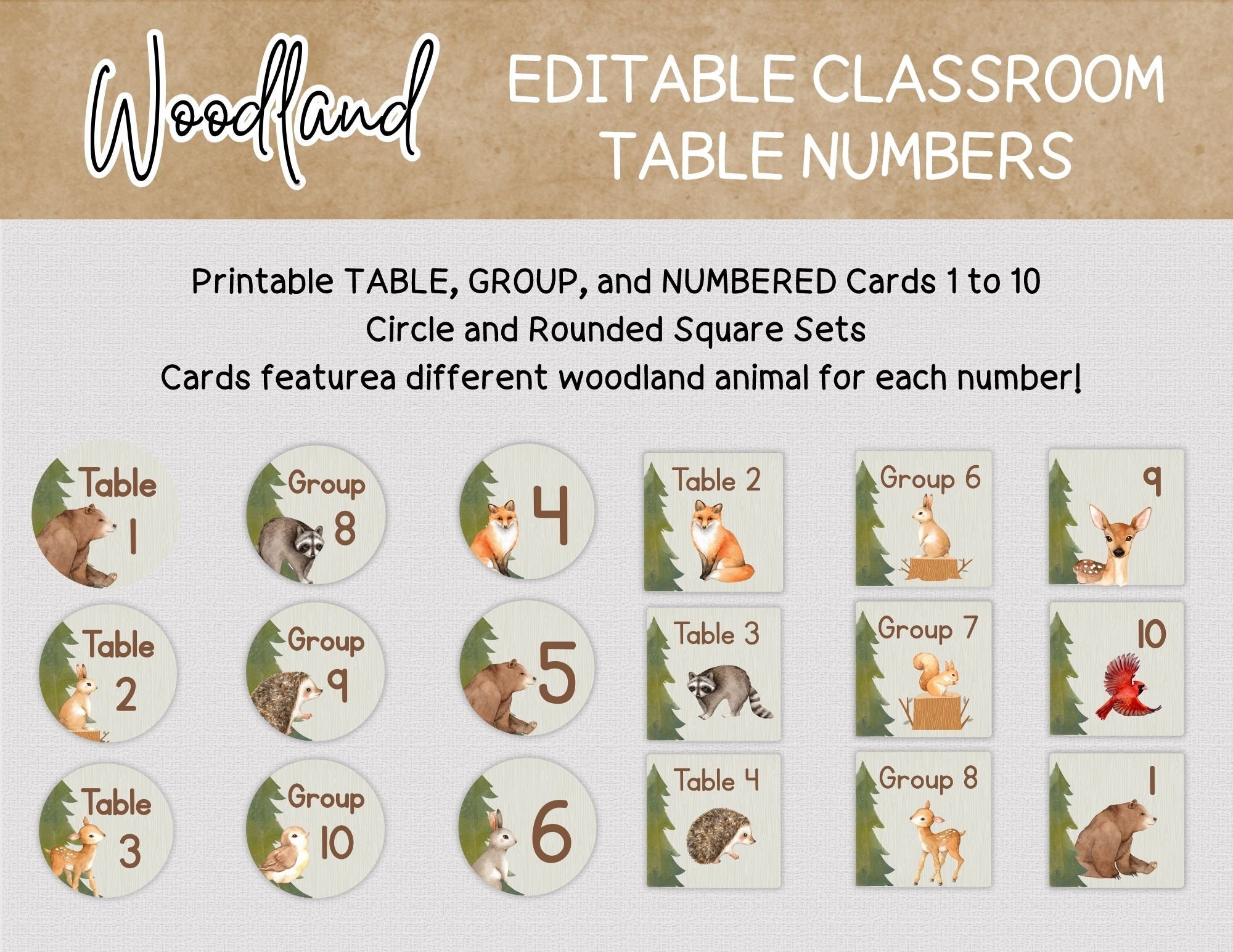 WOODLAND TABLE NUMBERS, Printable Classroom Table Numbers, Editable ...