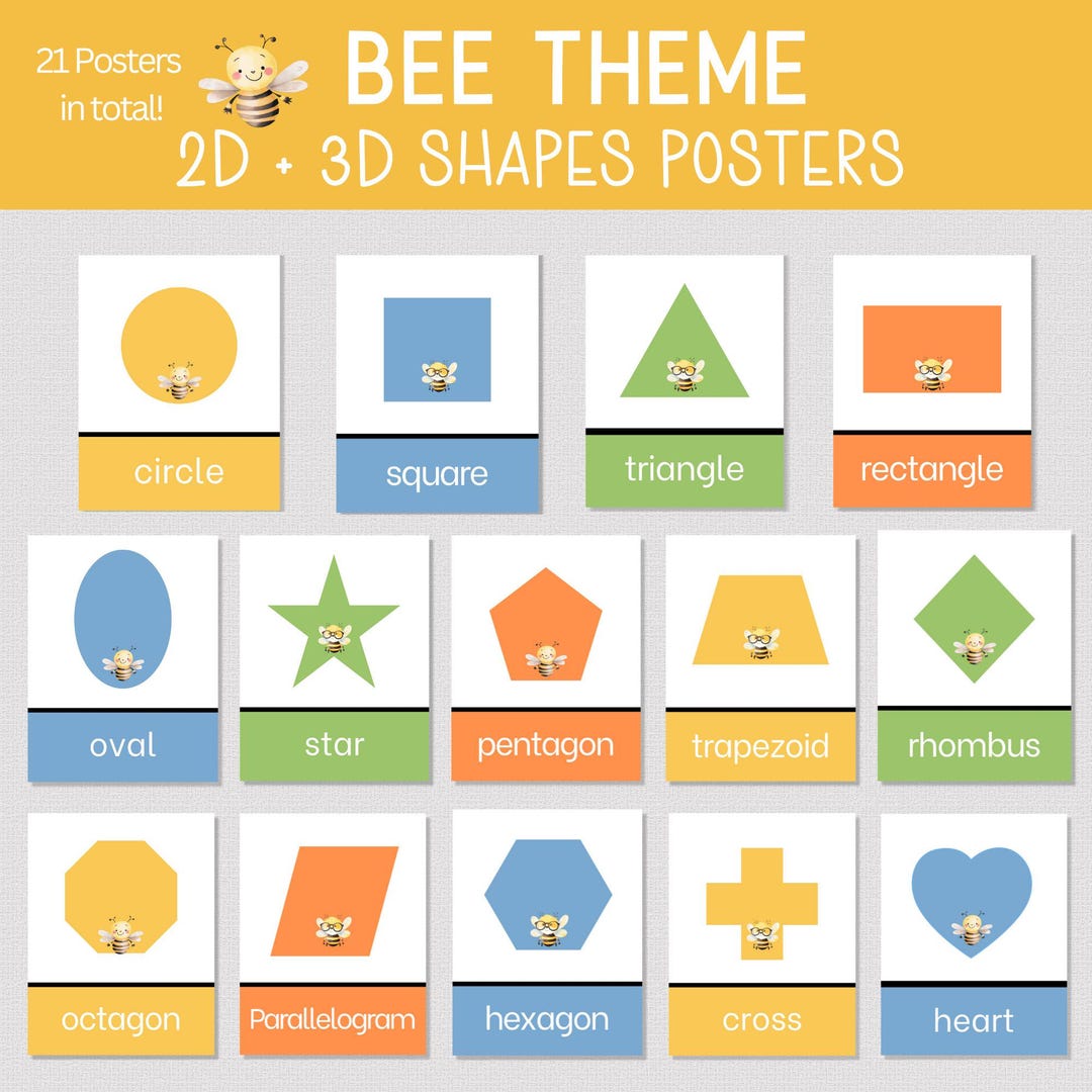 MATH SHAPES POSTERS for Classroom, Bee Theme 2d and 3d Shapes Posters ...