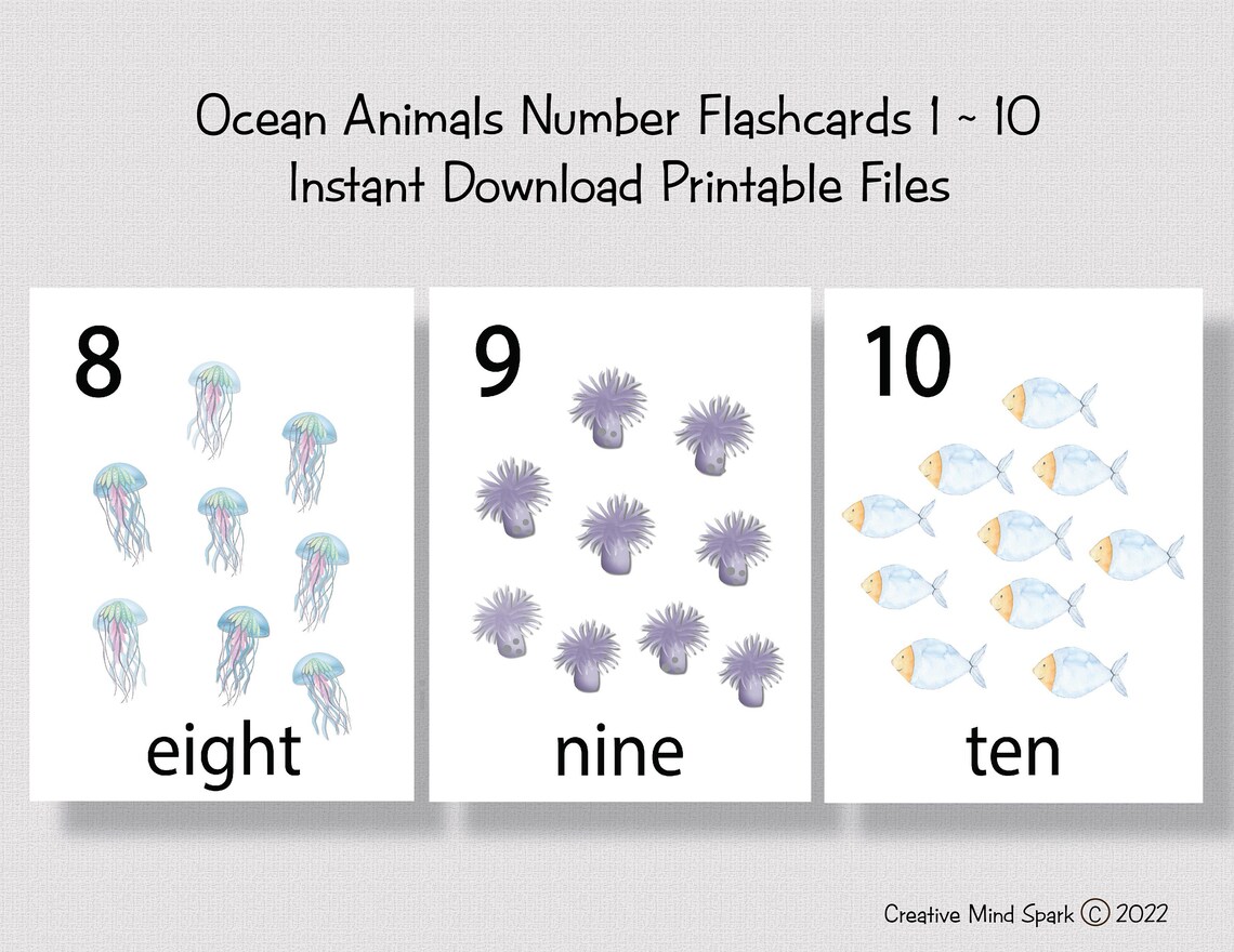 NUMBER FLASHCARDS 1-10, Printable Ocean Animal Number Cards, Under the ...