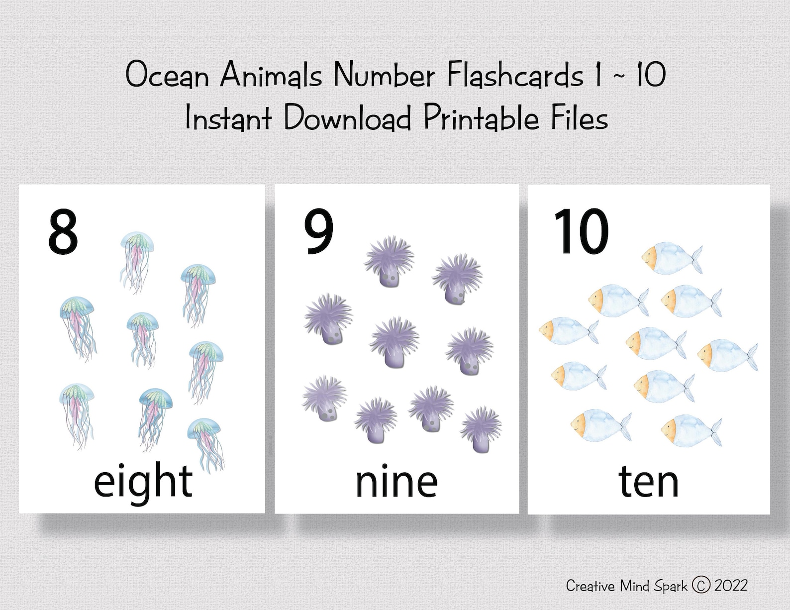 NUMBER FLASHCARDS 1-10, Printable Ocean Animal Number Cards, Under the ...