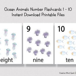 NUMBER FLASHCARDS 1-10, Printable Ocean Animal Number Cards, Under the ...