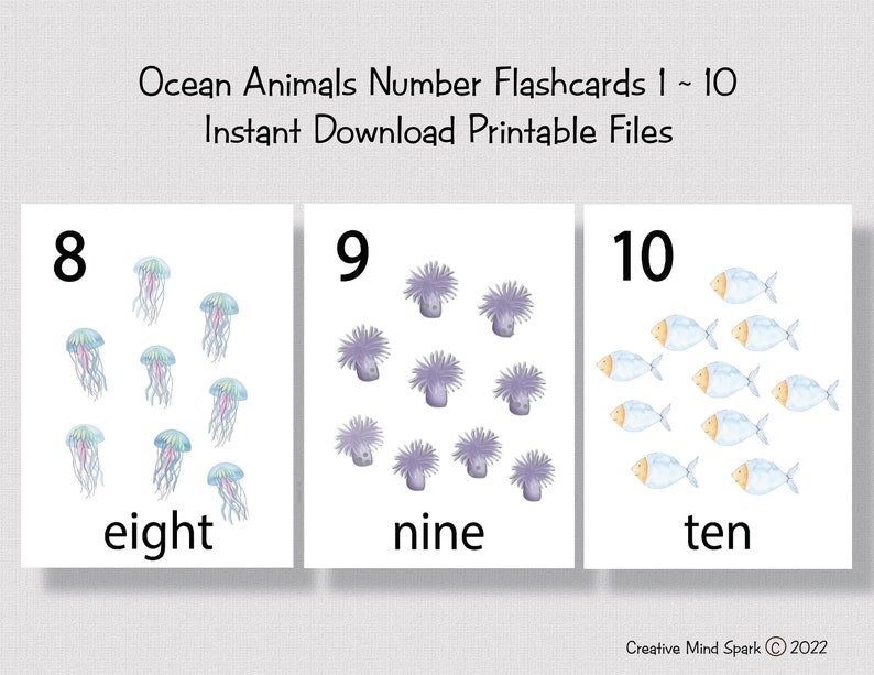 NUMBER FLASHCARDS 1-10, Printable Ocean Animal Number Cards, Under the ...