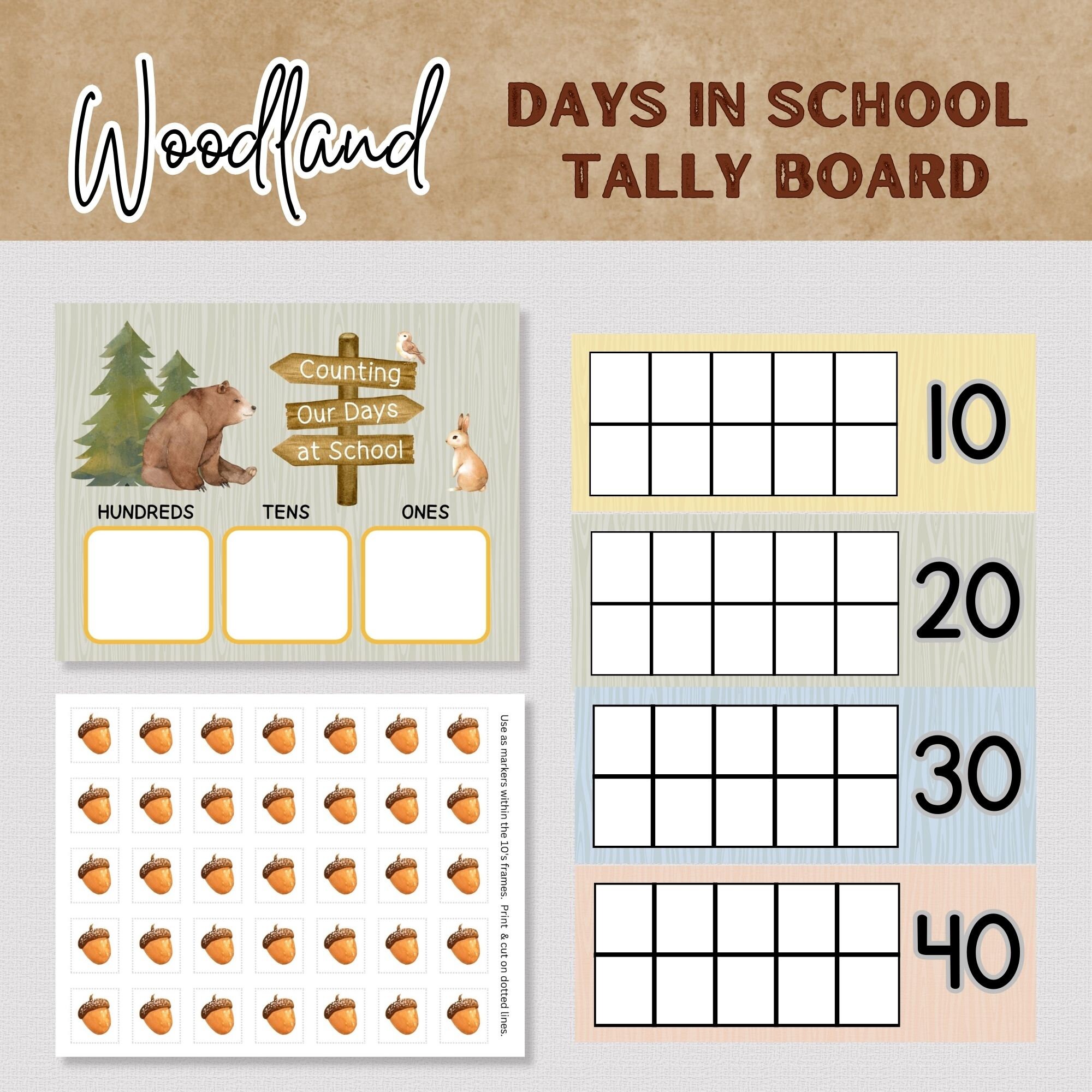 WOODLAND DAYS in SCHOOL Tally Board, Days at School Tally Posters, 100 ...