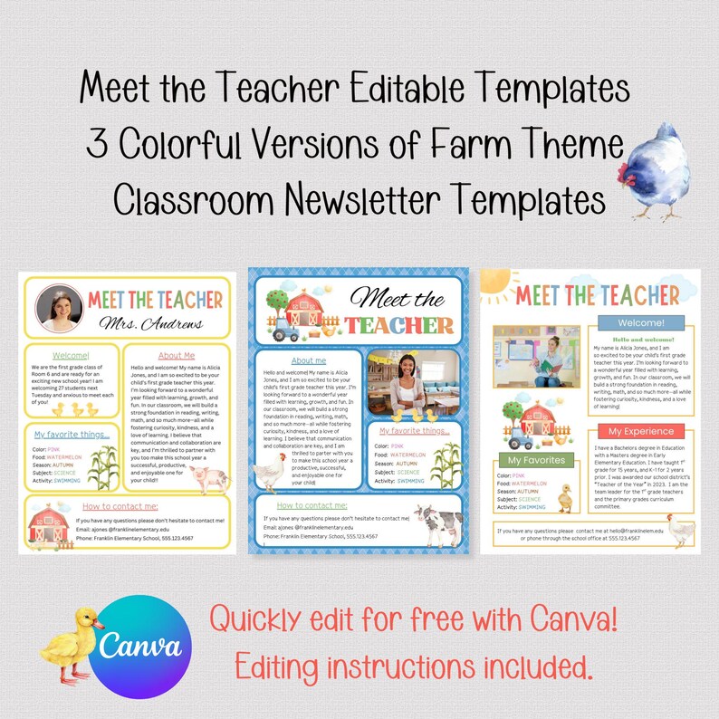 MEET THE TEACHER Farm Theme Newsletter Templates, Canva Templates for ...