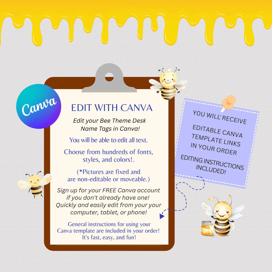 HONEY BEE DESK Name Tags, Editable Bee Theme Desk Name Plates ...