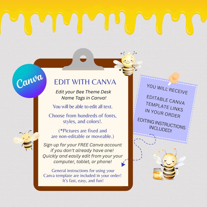 HONEY BEE DESK Name Tags, Editable Bee Theme Desk Name Plates ...