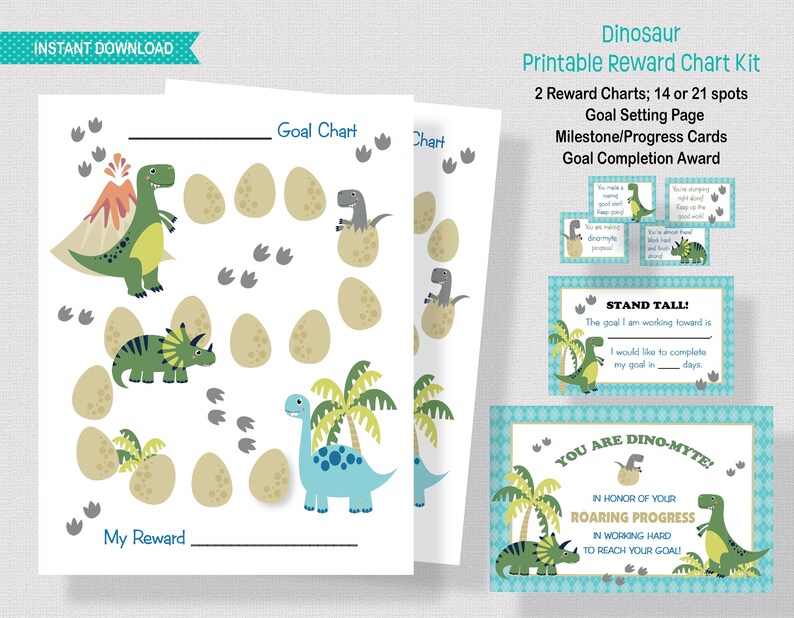 PRINTABLE REWARD CHART Kit, Dinosaur Reward Chart, Dinosaur Goal Chart ...