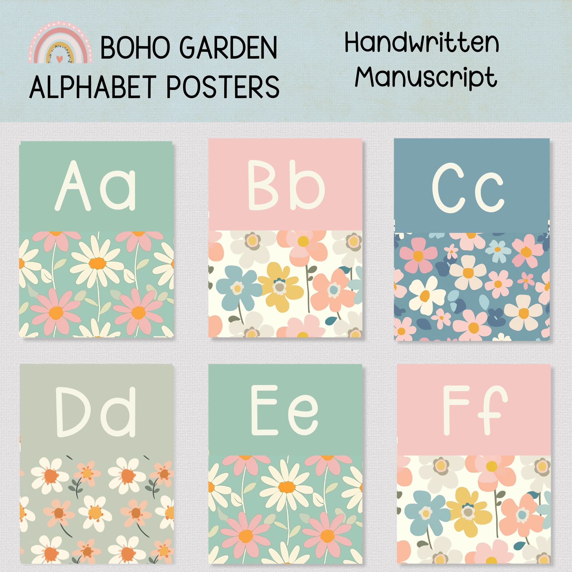 BOHO GARDEN ALPHABET Posters, Printable Retro Classroom Alphabet, Boho ...