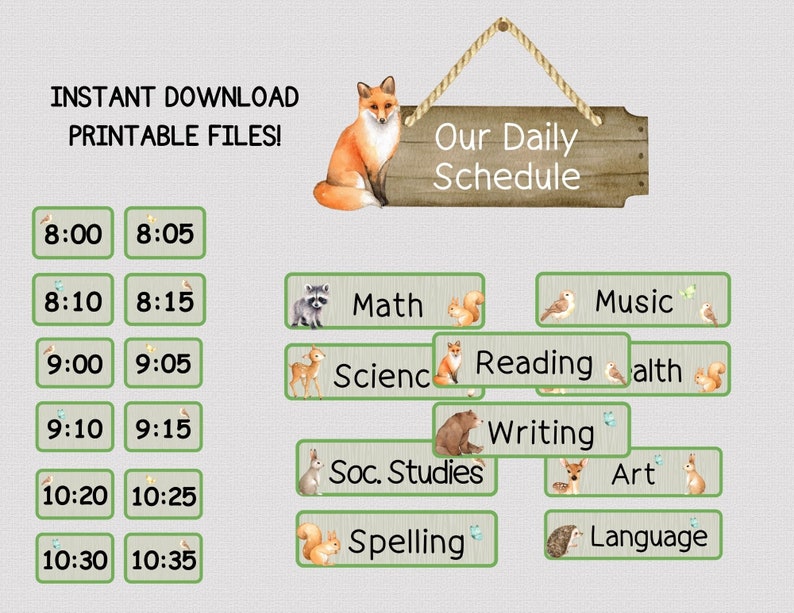 WOODLAND CLASS SCHEDULE Cards, Editable Cards for Daily Classroom ...