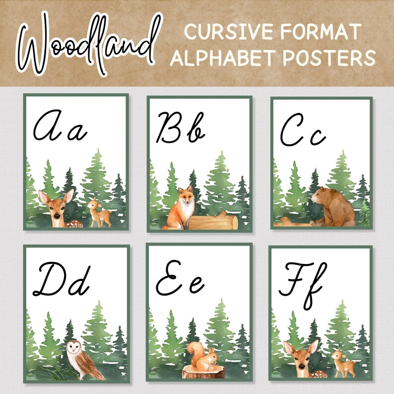 CURSIVE WOODLAND ALPHABET Posters, Printable Nature Cursive Alphabet ...