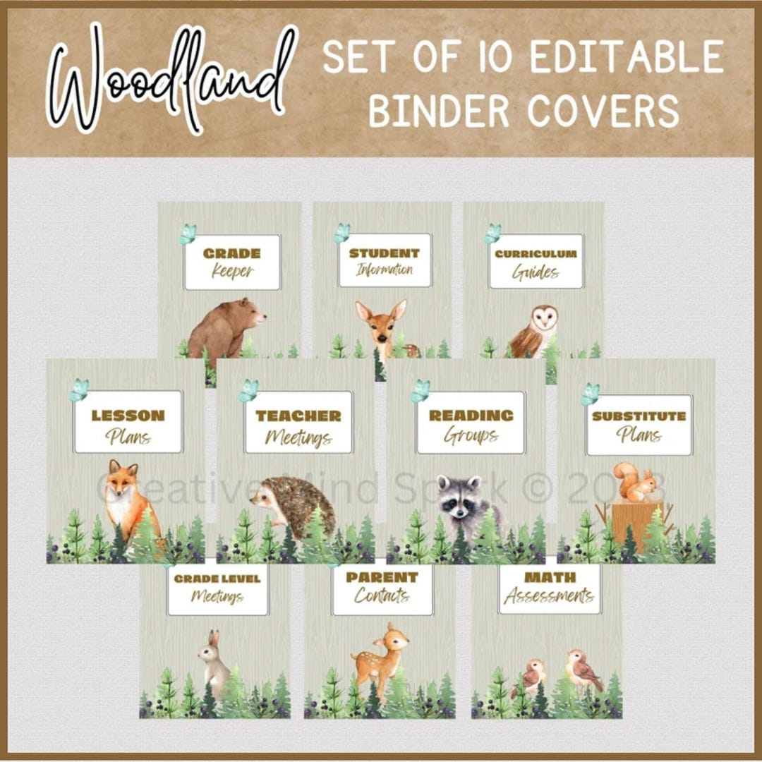 WOODLAND BINDER COVERS, Set of 10, Editable Binder Covers With Woodland ...