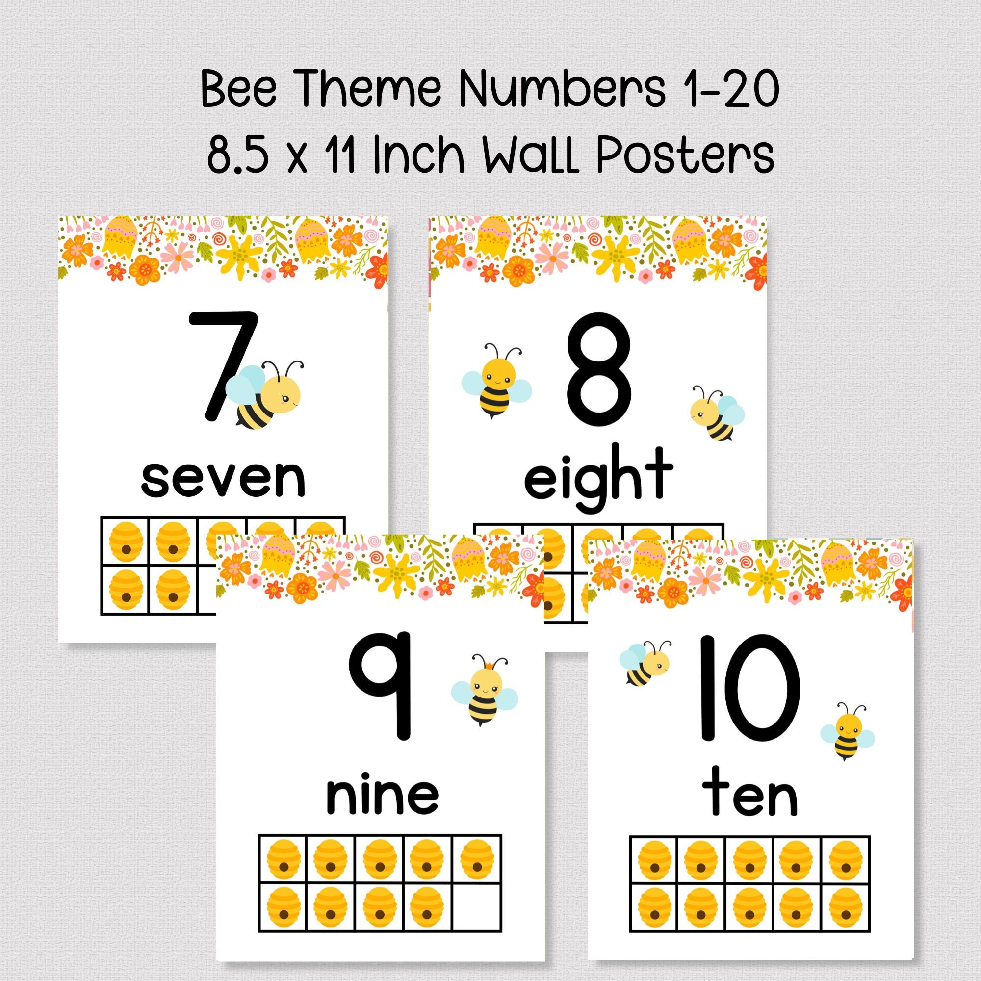 BEE THEME NUMBER Posters, Printable Honey Bee Theme, Numbers 1-20 ...